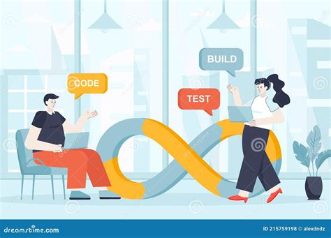 Devops Concept In Flat Design Teamwork And Communication In Office