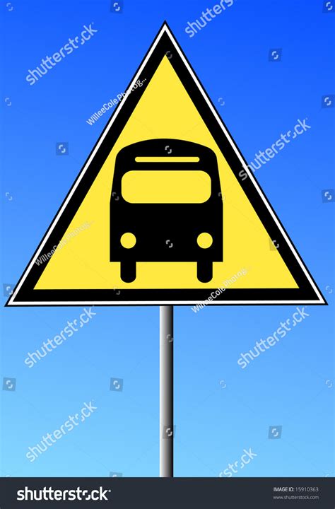 Yellow Triangle Sign With A Bus Against A Blue Sky Transportation