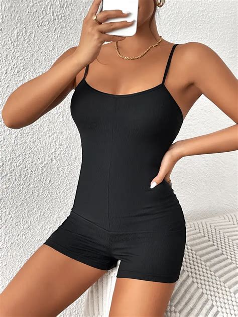 Solid Skinny Sleeveless Jumpsuit Casual Stretchy Mini Strap Temu
