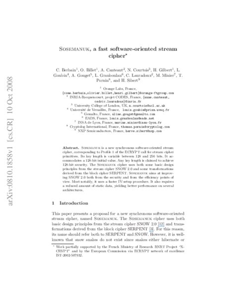 Pdf Sosemanuk A Fast Software Oriented Stream Cipher