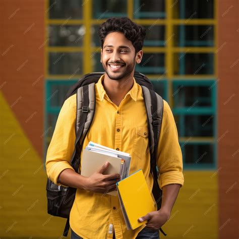 Young Indian College Boy Holding Backpack And Books And Giving Happy