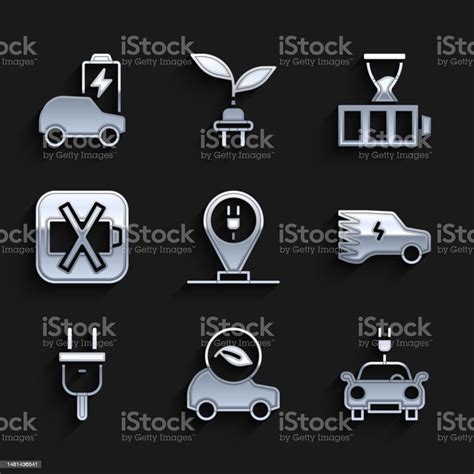 충전 주차 전기 자동차 에코 전기 플러그 배터리 부족 배터리 충전 및 아이콘을 설정합니다 벡터 가득 찬에 대한 스톡 벡터 아트