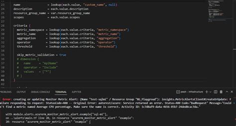 unable to create azurerm monitor metric alert on azure monitor for sql