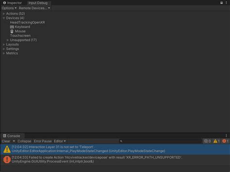 failed to create action with result xr error path unsupported unity