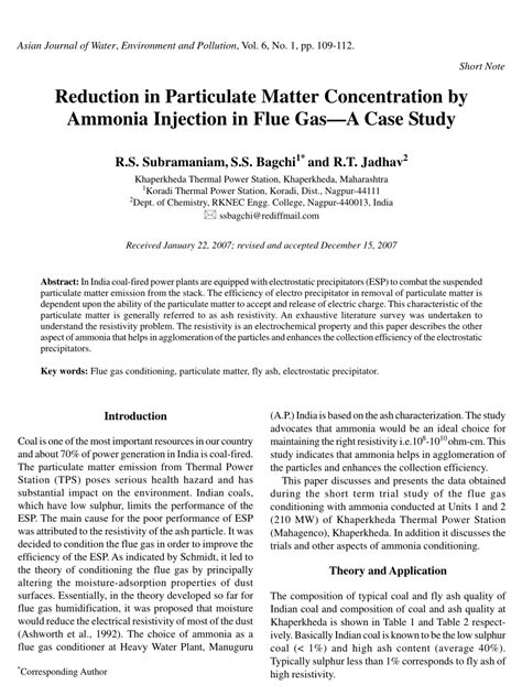 Pdf Reduction In Particulate Matter Concentration By Ammonia