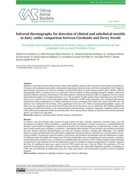 Pdf Infrared Thermography For Detection Of Clinical And Subclinical Mastitis In Dairy Cattle