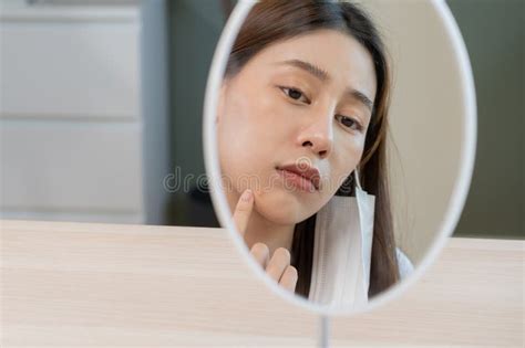Dermatology Puberty Asian Young Woman Girl Looking Into Mirror