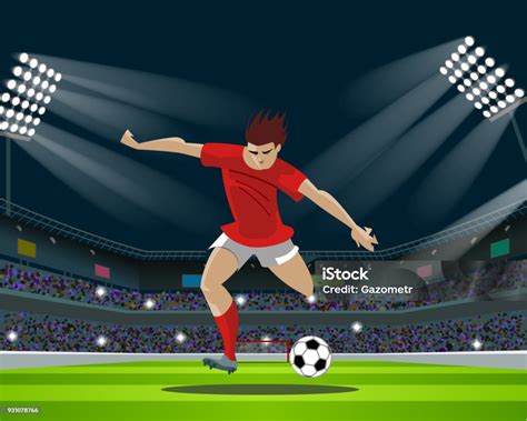 경기장에 축구 선수 발로 공입니다 조명 스탠드 팬 들입니다 Championship에 대한 스톡 벡터 아트 및 기타 이미지 Championship 경쟁 경호 Istock