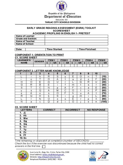 Grade 1 Scoresheet Literacy Profiling Pdf