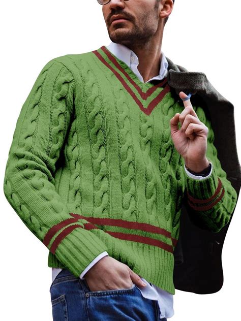 Makkrom Mens V Neck Pullover Sweaters Ribbed Knitted Cable Slim Fit