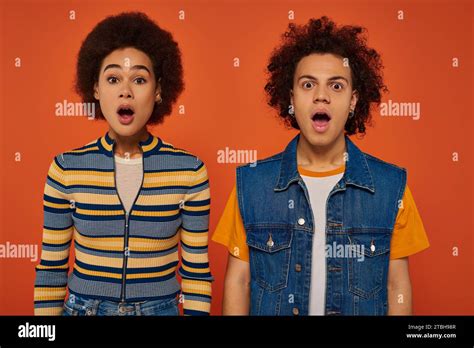 Surprised Young African American Brother And Sister Looking At Camera