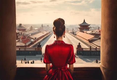 Woman Looking Out A Window At Temple Grounds In China Vintage Stock
