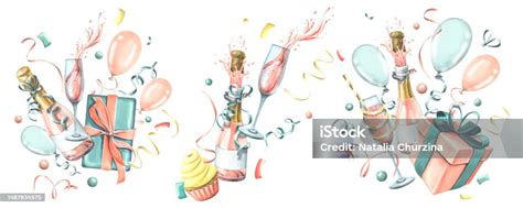 케이크 선물 풍선 양초 깃발 및 색종이가 든 병과 유리잔에 담긴 샴페인 수채화 그림입니다 축제 작곡 Birthday를 설정합니다