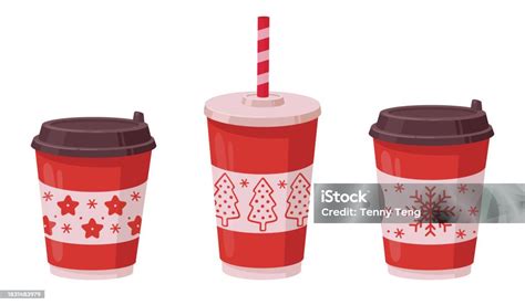 크리스마스 커피 컵입니다 뜨거운 커피 차 또는 코코아와 만화 빨간 종이컵 뜨거운 음료와 커피 컵 평면 벡터 일러스트 레이 션 세트 일회용 컵에 대한 스톡 벡터 아트 및 기타