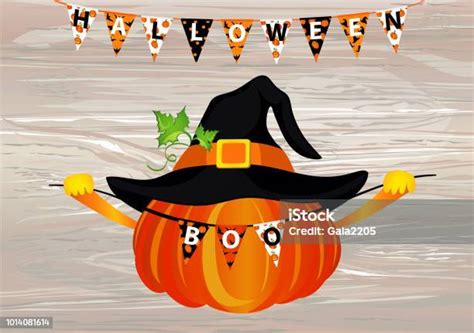 할로윈입니다 벨벳 모자에서 호박 플래그 편지와 화 환 부 보유 하고있다 나무 배경 벡터입니다 휴일 또는 파티에 초대에 대 한 인사말 카드 10월에 대한 스톡 벡터 아트 및