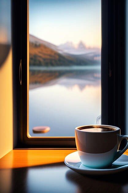 Premium AI Image Laptop Mac Cup Of Coffee And A Window View