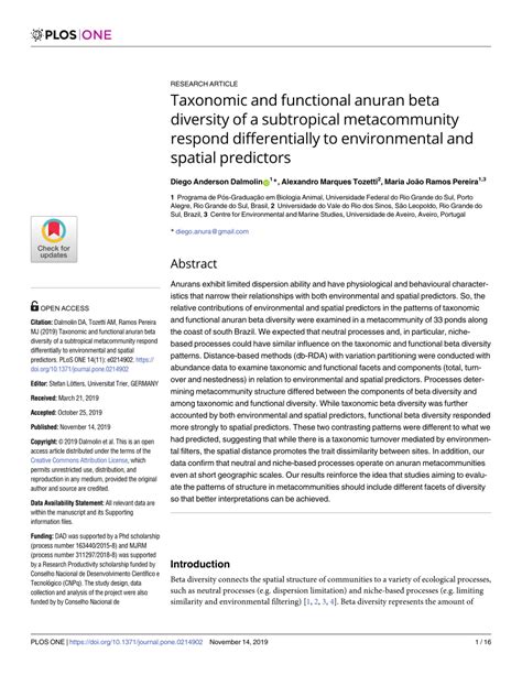 Pdf Taxonomic And Functional Anuran Beta Diversity Of A Subtropical Metacommunity Respond