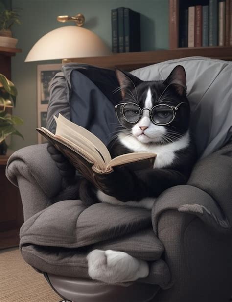 Premium Ai Image A Cat Is Wearing Glasses And Reading A Book