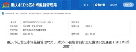重庆市江北区市场监督管理局关于3批次不合格食品核查处置情况的通告（2023年第28期） 中国质量新闻网