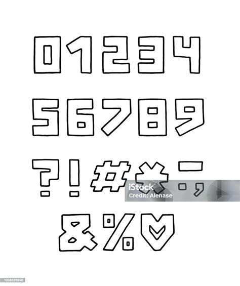 알파벳 낙서 디자인입니다 숫자와 문장 부호 굵은 글꼴 클립 아트 선형 스타일입니다 손으로 그린 벡터 일러스트 레이 션 Eps