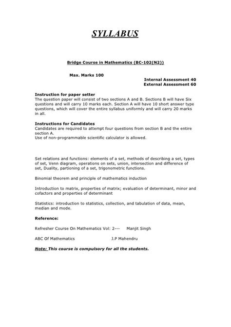 Course Module Bridge Course In Maths