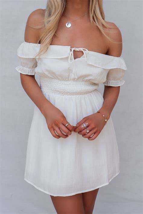 Amiyah Mini Dress White Off Shoulder Waist Cute Short Sleeve Runway