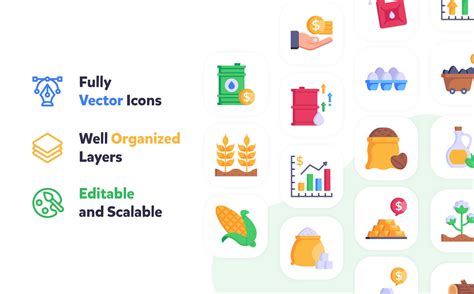 100 Commodities Icons Flat Vectors Icon Set Icon Set Vector