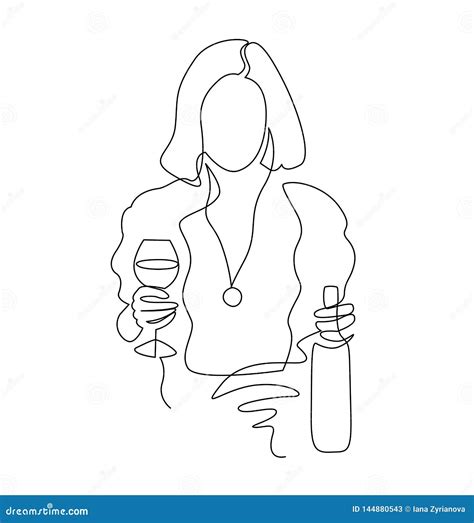 Woman Drinks Wine Continuous One Line Drawing Stock Vector