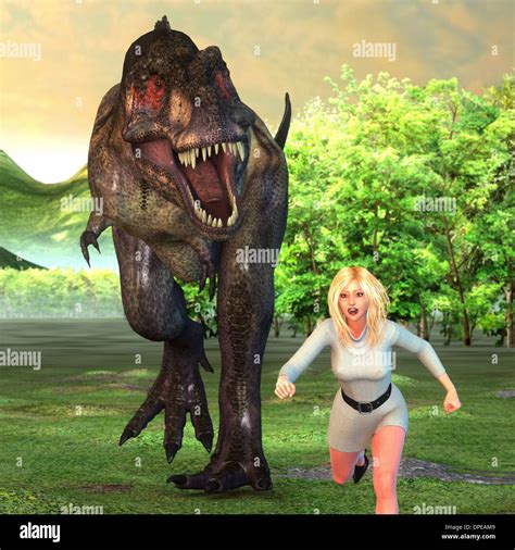 A Lady Is Escaping From Tyrannosaurus Stock Photo Alamy