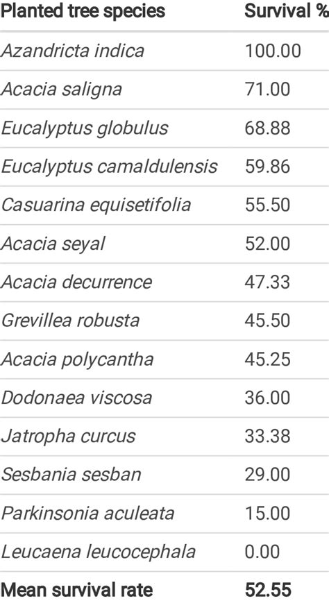 Survival Of The Planted Seedlings Of Different Tree Species Download Scientific Diagram