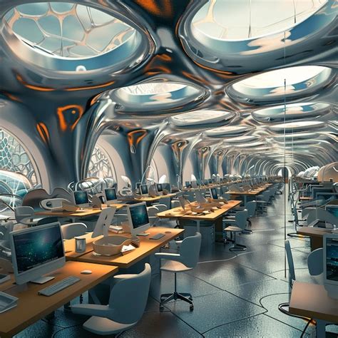 Futuristic Classroom Filled With Computers And Desks Premium Ai