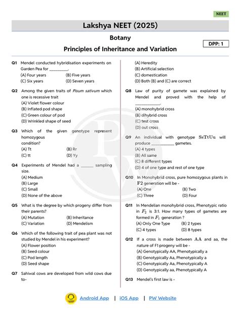 Principles Of Inheritance And Variation Dpp 01 Of Lecture 03