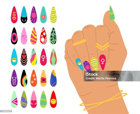 네일 디자인 아트 세트입니다 밝고 화려한 매니큐어 디자인 화려한 색의 손톱을 가진 여자 손 벡터 일러스트 레이 션 1990 1999 년에 대한 스톡 벡터 아트 및 기타