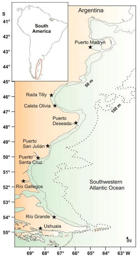 intertidal sampled sites at argentinean patagonia shelf stars rocky