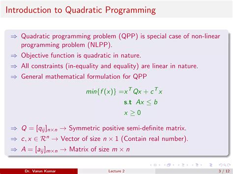 Quadratic Programming Tool Of Optimization PPT