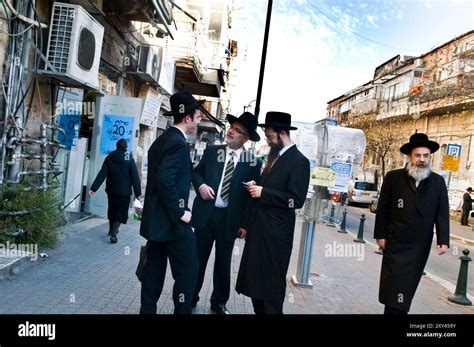 Haredi Jewish Men Socializing In The Geula Ultra Orthodox Neighborhood