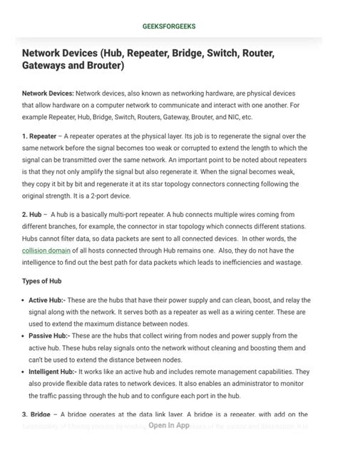 Network Devices Hub Repeater Bridge Switch Router Gateways Pdf