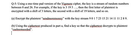 Solved Q 5 Using A One Time Pad Version Of The Vigenere