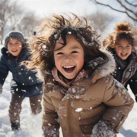 Premium Ai Image A Snowball Fight In Action Flying Snowballs And Joyful Faces Capturing The