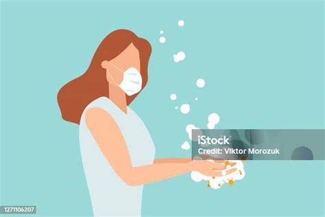 손 개념에서 Covid19 코로나바이러스 병원균을 살균하고 소독하기 위해 손을 씻고 여성은 거품과 Covid19 바이러스