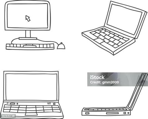 얇은 선 손으로 그려진된 노트북 및 데스크톱 컴퓨터 아트 벡터 노트북에 대한 스톡 벡터 아트 및 기타 이미지 노트북 측면 보기 0명 Istock