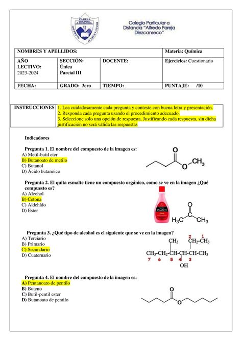 Deber Q Uimica Ejercicios Nombres Y Apellidos Materia Química AÑo