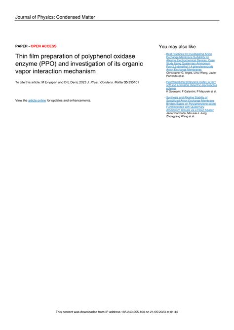 Pdf Thin Film Preparation Of Polyphenol Oxidase Enzyme Ppo And Investigation Of Its Organic