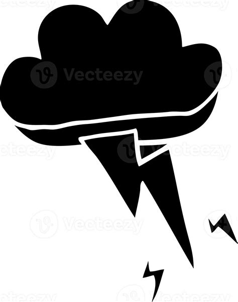 Line Drawing Cartoon Thundercloud And Lightning Solid Black Icon