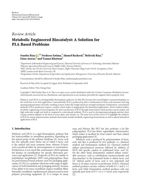 Review Article Metabolic Engineered Biocatalyst A Solution For Pla Based Problems Pdf