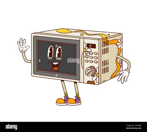 Cartoon Groovy Kitchen Microwave Oven Character With Funny Face Vector