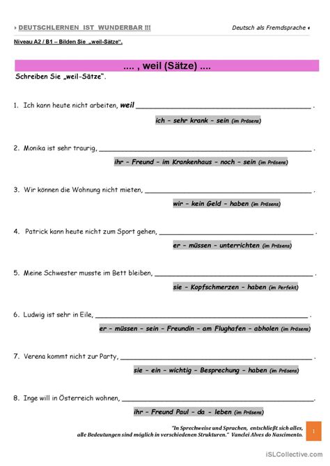 A2 Weil Sätze Teil Deutsch Daf Arbeitsblätter Pdf And Doc