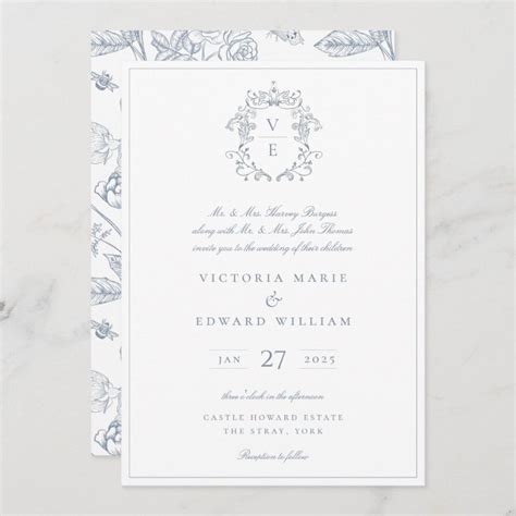 Dusty Blue Crest Monogram Wedding Invitation Zazzle
