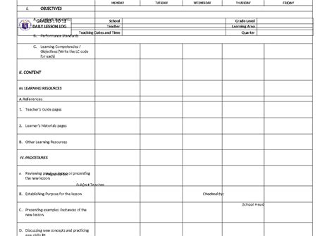 new daily lesson log this is a template only prepared by subject