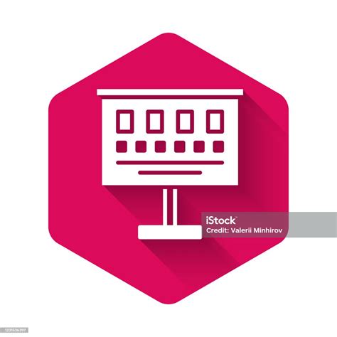 긴 그림자로 격리 된 흰색 눈 테스트 차트 아이콘입니다 안과 연구에서 시력 검사를 위한 포스터 스네엘렌 차트 분홍색 육각 버튼 벡터 일러스트레이션 개념에 대한 스톡 벡터